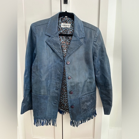 Anage | Jackets & Coats | Vintage Blue Leather Jacket With Fringe ...